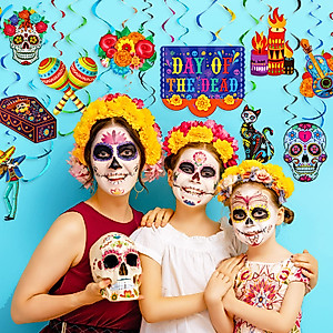 30 pcs Day of The Dead Foil Swirls Decorations Halloween Sugar Skull Flowers Ceiling Hanging Swirls Dia de los Muertos Party Favors Supplies for Halloween Birthday Skull Mexican Party (Novel Style)