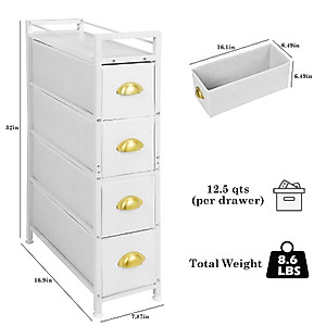HAITRAL Narrow Dresser - 4 Drawers Fabric Storage Cabinet - Vertical Standing Storage Chest - Gaps Tower Organizer with Removable Drawers and Wooden top for Laundry, Living Room, Entryway (White)