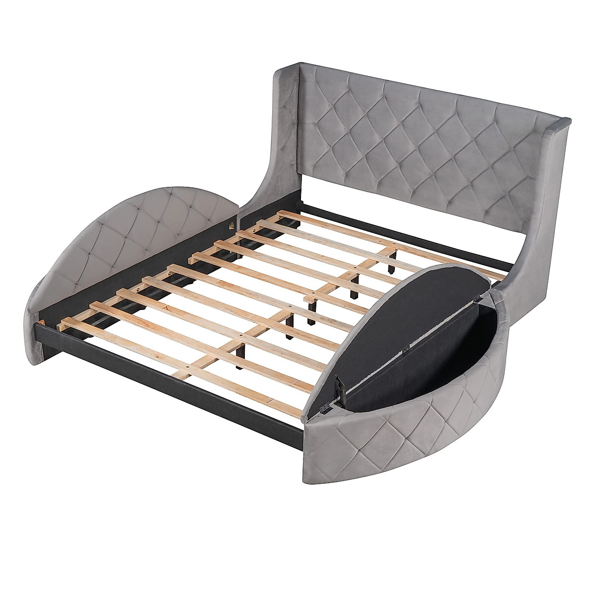 BOVZA Queen Size Platform Bed Frame, Velvet Upholstered Bed with Wingback Headboard and and 1 Big Drawer, 2 Side Storage Stool, No Box Spring Needed, Gray