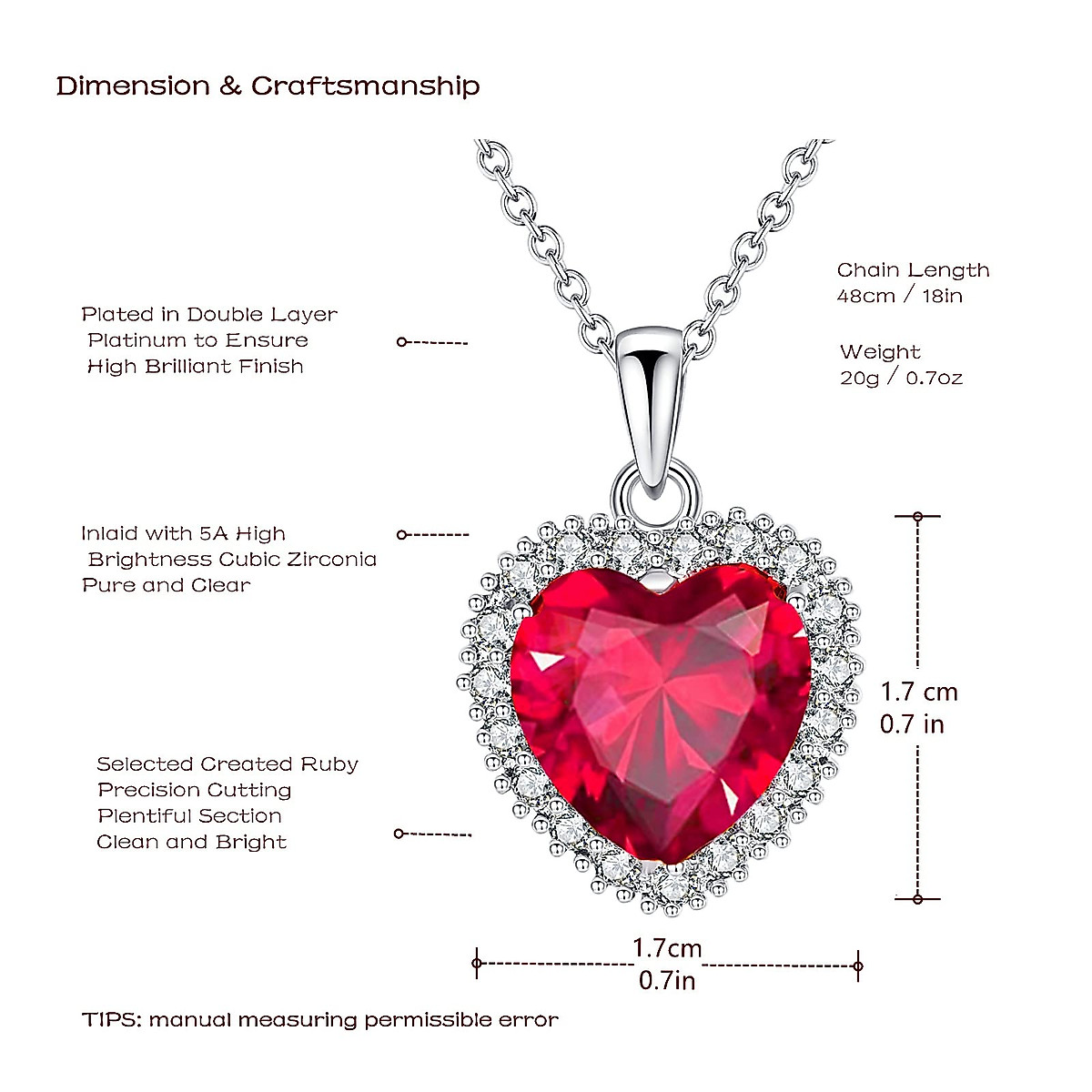 VONSSY Red Heart Pendant Necklace | Oval Bow Waterdrop Created-Ruby Pendant Necklace | Statement Vintage Stylish Jewelry Gift (Heart A-Platinum)