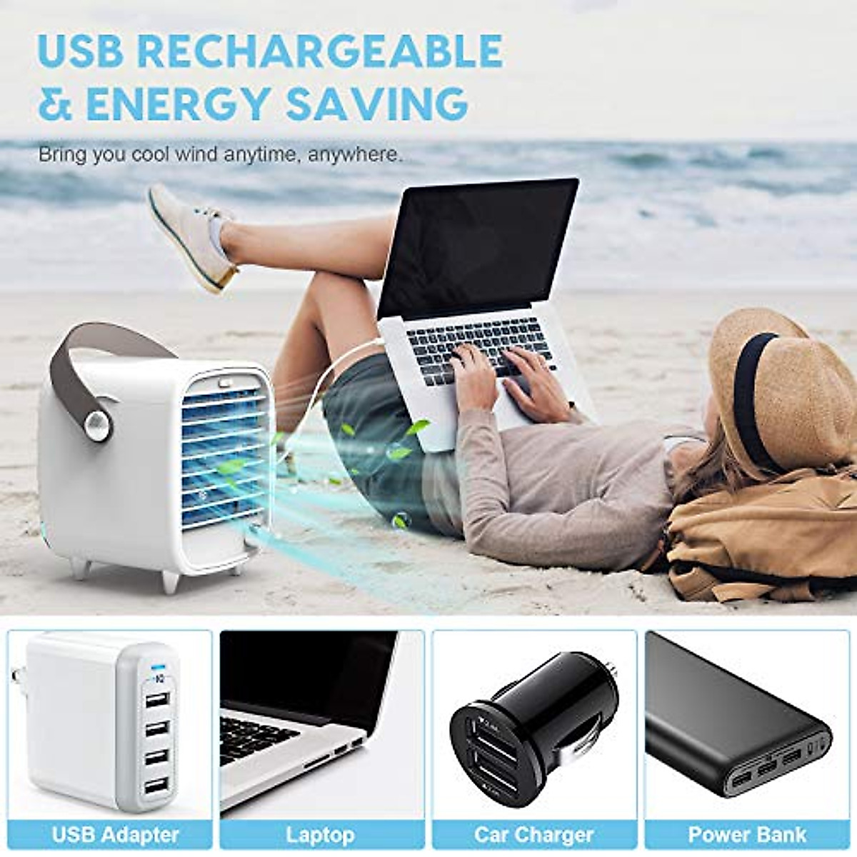 Portable Air Conditioner Fan for Office - Mini Desktop Evaporative Air Car Amplifier Cooling Fan, Adjustable Direction, Build-in Ice Tray Water Tank, Zero Noise Personal Cooler for Small Room Dorm