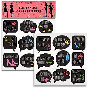 Funny Wine Glass Drink Markers - 18 Static Clings Reusable Glass Stickers - For Wine Tasting Party, Wine Gift and Favors