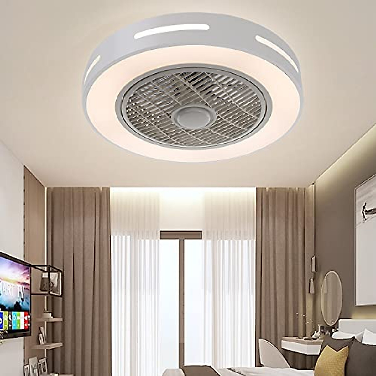 Bedroom Modern Ceiling Fan with Light Low Profile Ceiling Fan, 20" Flush Mount Ceiling Fan with Lights Remote 3 Colors Dimmable LED 3 Speeds 5 Blades Enclose Ceiling Fans for Indoor (Style E)