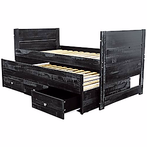 Bedz King All in One Twin Bed with Twin Trundle and 3 Built in Drawers, Weathered Black