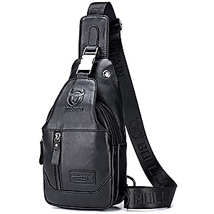 BULLCAPTAIN Genuine Leather Men Sling Crossbody Bag Chest Bags Travel Hiking Shoulder Backpack (Black)