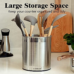 Hillbond Stainless Steel Utensil Holder with Removable Divider for Easy Clean, 360° Rotating Kitchen Utensil Crocks with Weighted Base for No Tipping Over, Utensil Caddy Organizer (EXTRA LARGE)