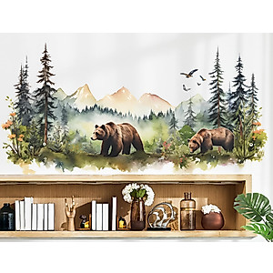 RAINBOW WSK Large Jungle Animals Wall Decals Forest Tree Wall Decal Peel and Stick Woodland Bear Fox Deer Wall Stickers Giant Mountain Wall Art for Bedroom Nursery Room FX-C432