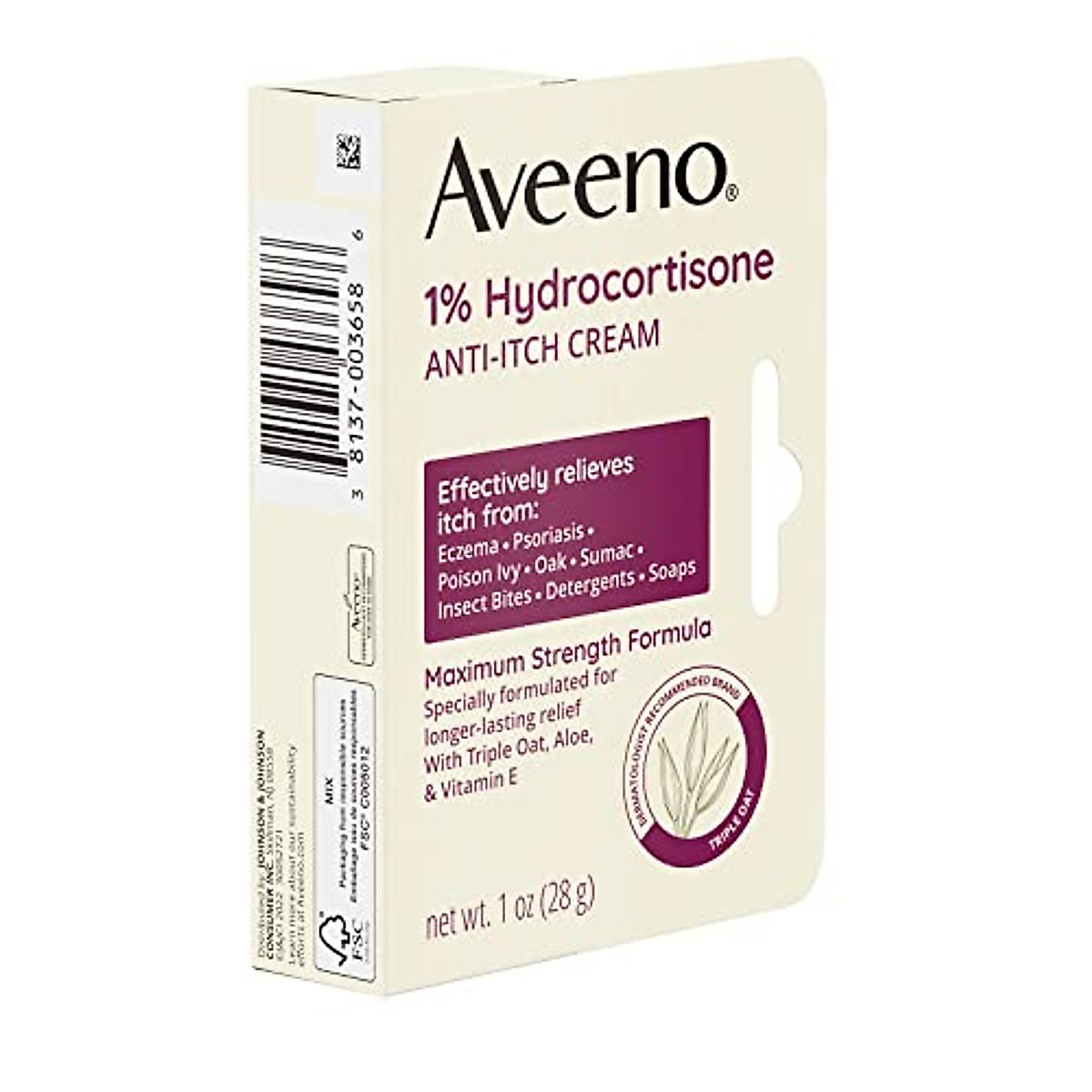 Aveeno Maximum Strength 1% Hydrocortisone Anti-Itch Cream, Triple Oat, Aloe & Vitamin E for Itch Relief from Eczema, Psoriasis, Insect Bites, Poison Ivy, Oak & Sumac & Detergents, 1 oz