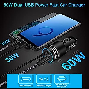 Android USB C Samsung Super Fast Car Charger for Samsung Galaxy S23 Ultra/S23/S23 Plus/A14 5G/A54/S22/S21 fe/S20/A53 5G/A13/A03S/A32, 60W Fast Car Adapter with 30W Built-in Type C Fast Charging Cable