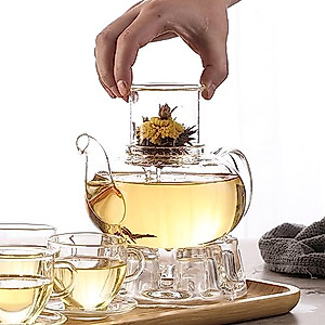 Glass Teapot Set, 34OZ/1000ML Glass Tea Kettle with Loose Tea Infuser & Warmer, 5oz/150ML Tea Cup & Saucer Set of 4, Stovetop & Microwave Safe Tea Maker, Blooming Tea Gift Set For Women