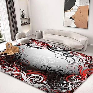 Area Rug 5'x4' Carpet for Bedroom Living Room Kids Nursery Room Home Decor Soft Rugs Mat Non Slip Black Red