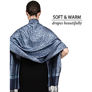 Achillea Two Tone Vintage Jacquard Paisley Pashmina Shawl Wrap Scarf (Steel Blue)