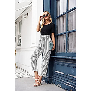 GRACE KARIN Women's Frilled Waist Striped Print Work Pants for Office Business with Belt
