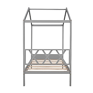 MERITLINE Children House Wood Twin Bed, Girls Twin Platform Bed, Toddler Play House Bed Frame, Play House Loft Bed for Kids, No Spring Box Need, Grey