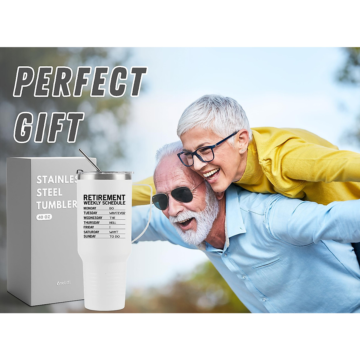 Onebttl Retirement Gifts for Men, Retirement Tumbler for Men 40oz Insulated Travel Cup with Handle, Retired Gifts for Dad, Grandpa, Friends, CoWorker (White, Schedule)