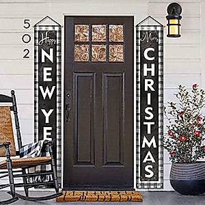 Whaline Christmas Porch Sign Merry Christmas Porch Sign Happy New Year Hanging Banner White Black Buffalo Plaid Farmhouse Door Banner Sign for Indoor Outdoor Wall Decoration, 72 x 12 Inch