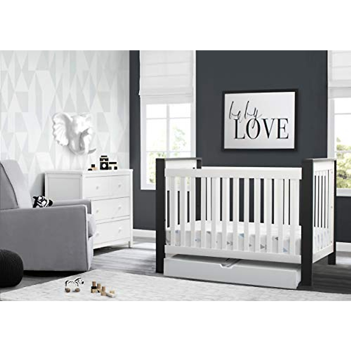 Delta Children Miles 4-in-1 Convertible Crib, Greenguard Gold Certified, Bianca White/Textured Midnight Grey