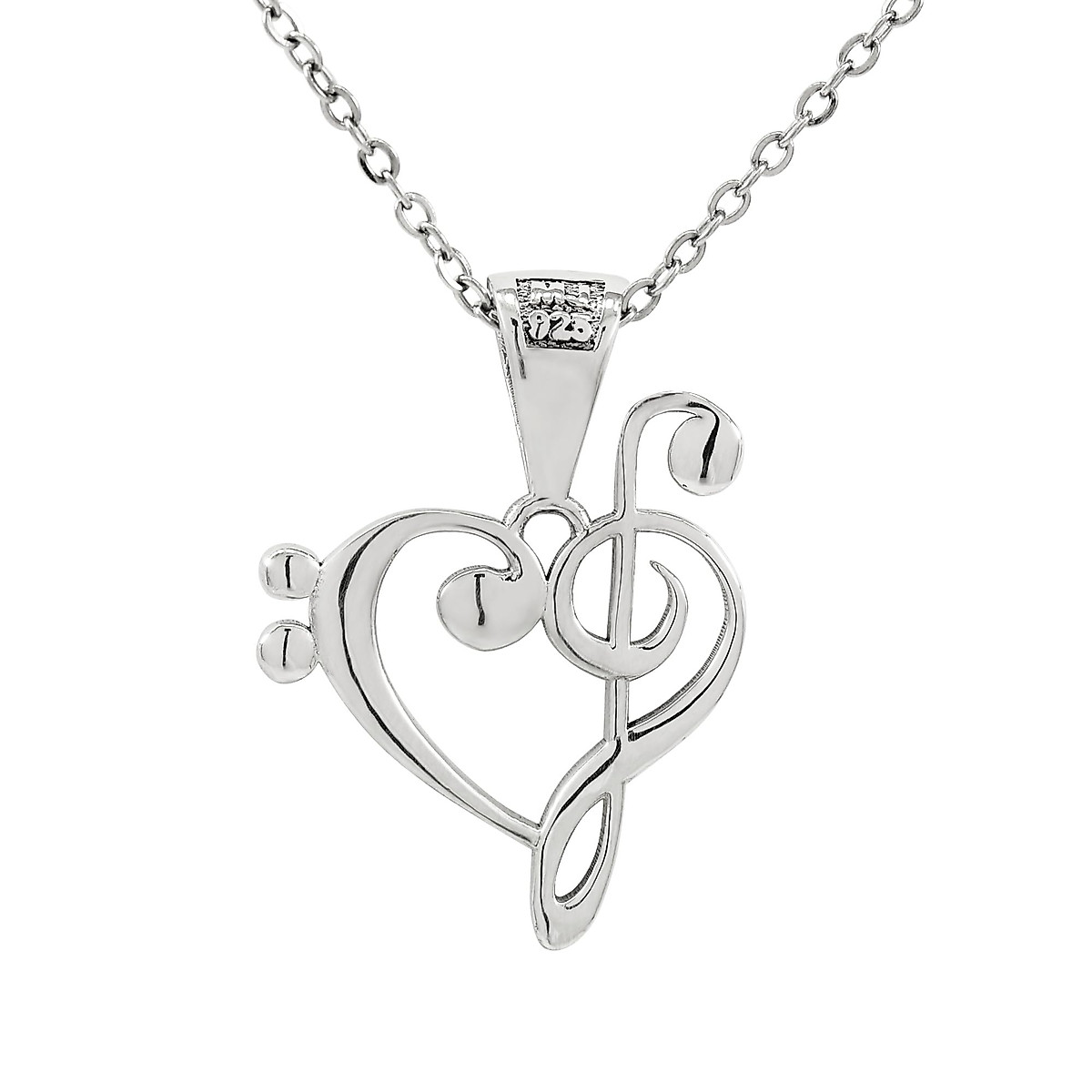 925 Sterling Silver Treble and Bass Clef Heart Pendant With 22" Hypoallergenic Cable Chain Necklace