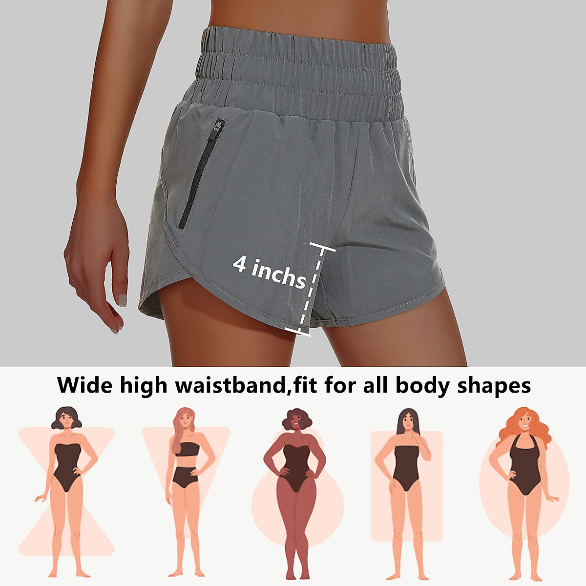 MIVEI Women's High Waisted Athletic Shorts 4" High Rise Running Workout Gym Quick Dry Tummy Control Short with Zipper Pockets