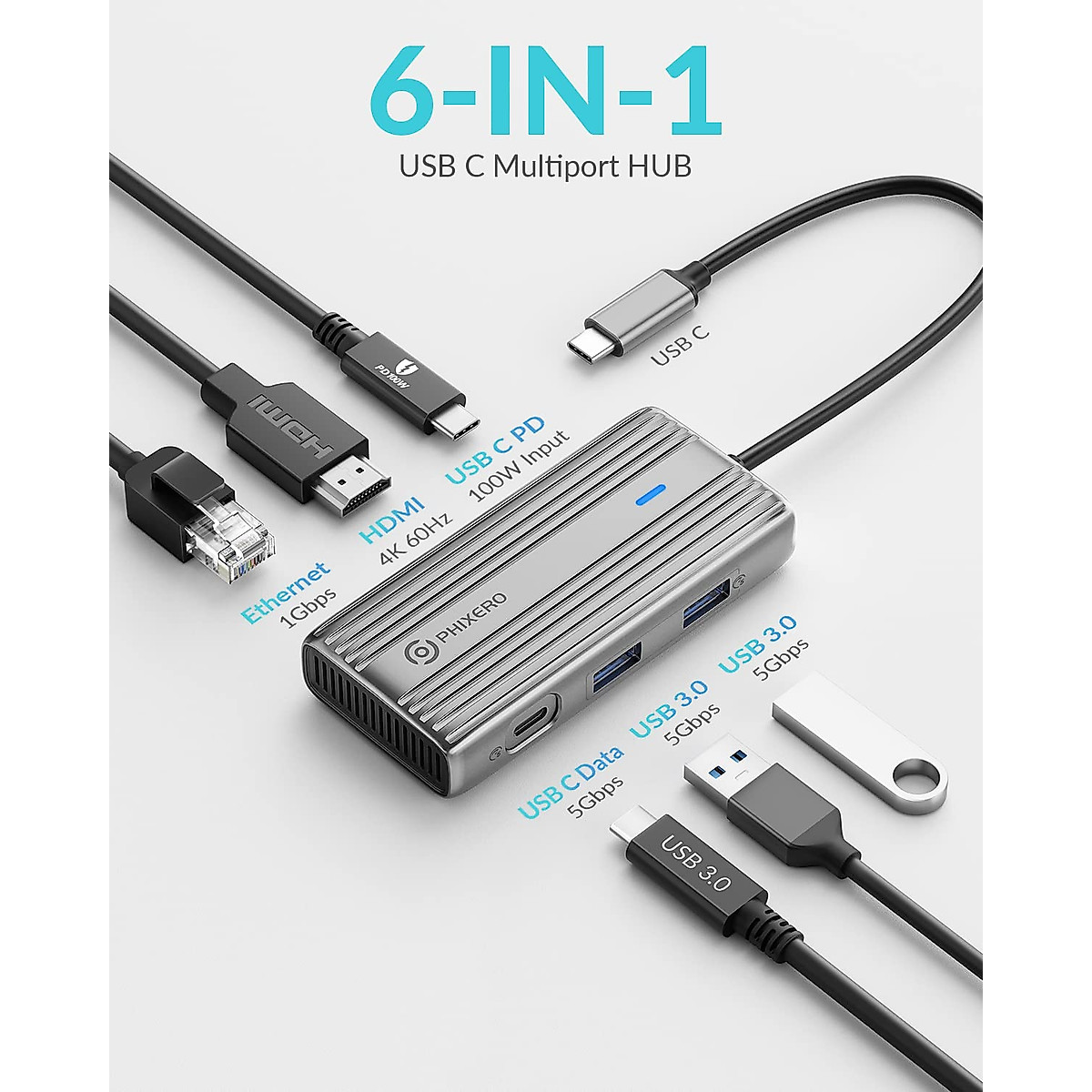 PHIXERO USB C Hub Multiport Adapter, 4K@60Hz USB C Docking Station, 8-in-1 USB C Adapter with 1Gbps Ethernet, 100W PD, SD/TF Reader, 3 USB 3.0 5Gbps Ports, for MacBook Pro/Air, USB C Laptop (Gray)