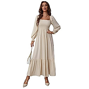 WDIRARA Women's Square Neck Flounce Shirred Ruffle Hem Elegant Long Sleeve Maxi Dress Apricot L