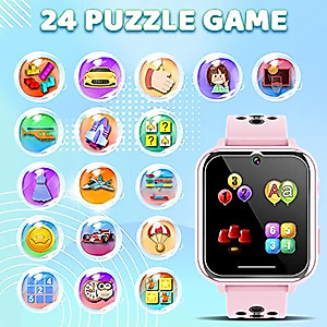 Kids Smart Game Watch for Boys Girls Age 3-12 with 1.54" HD Touch Screen 24 Puzzle Games Camera Video Music Player Pedometer Alarm Clock Calculator Torch Child Watch Wristband Electronic Learning Toys