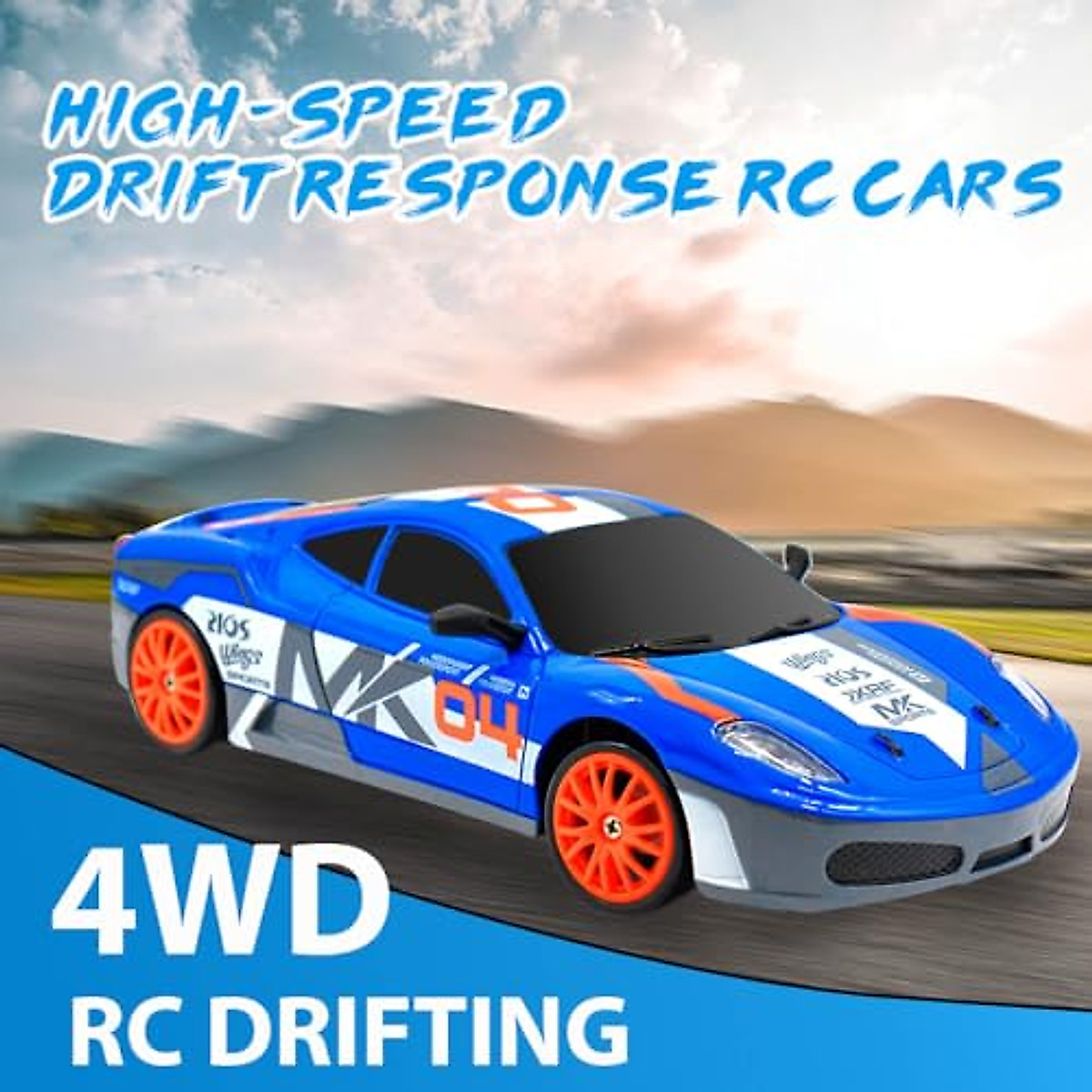 AGNEVE RC Drift Car 1:24 Scale RC Car with LED Lights Glow and Drifting Tires 2.4GHz Remote Control Car 4WD 14KM/h High-Speed RC Cars with 2 Rechargeable Batteries Boys Girls