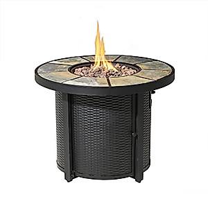 Glitzhome 32" D 30000-BTU Round Slates Top Aluminum Propane Fire Pit with Cover Outdoor Fire Tables for Garden Patio Backyard Deck Poolside