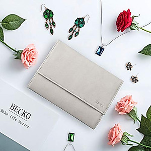 Becko Jewelry Organizer Roll Travel Jewel Bag case for Multiple Necklaces, Rings, Bracelets, Supple Leather & Suede, Large Capacity Without Crease, Lightweight, Portable & Practical (Gray)