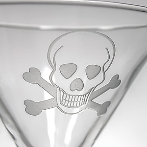 Rolf Glass Skull and Cross Bone Martini Glass - Set of 2 Stemmed 10 ounce Martini Glasses - Lead-Free Glass - Etched Cocktail Glasses - Made in the USA