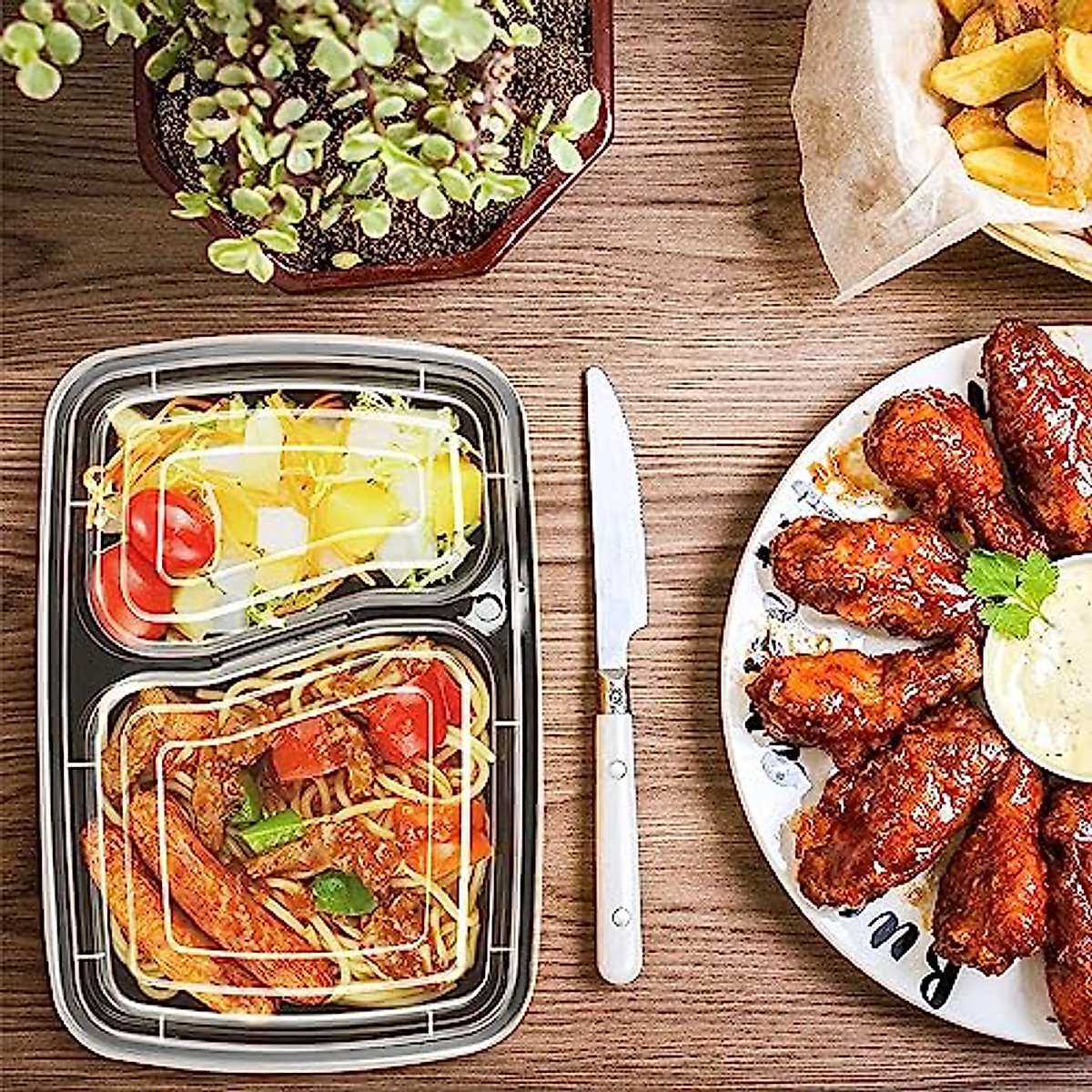 MORDEN MS Meal Prep Container With Lids, 50 Pack 2 Compartment Reusable Food Storage Container Divided Plastic Bento Lunch Box To-go Boxes, Microwave/Dishwasher/Freezer Safe,Portion Control(33oz)