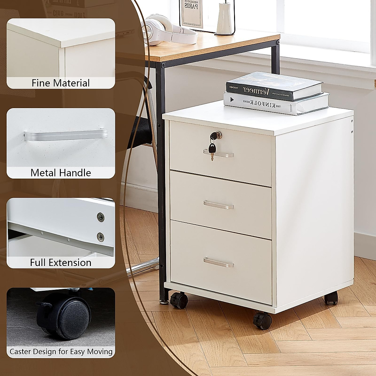 TUKAILAi Mobile File Cabinet with 3 Drawers, Under Desk Rolling Filing Cabinet with 4 Wheels for Letter/Legal / A4 Size, Wooden Stationery Storage Cabinet for Home Office (White)