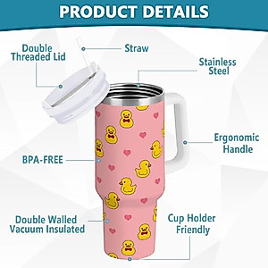 Caikeny Insulated Tumblers with Lid and Straw Ducks Hearts 30 oz Reusable Stainless Steel Cup Yellow Water Bottle Coffee Travel Tumbler Mug for Women Men