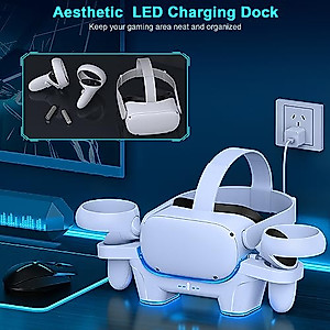 VR Charger Station Compatible with Oculus/meta Quest 2, RGB Light Fast Charging Dock Replacement for Oculus/Meta Quest 2,Headset Display Stand and Controller Mount with 2 Rechargeable Batteries