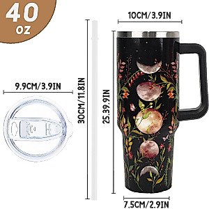 Rcvlauf 40 oz Tumbler with Handle and Straw Goth Tumbler Leak Proof Insulated Cup 40 oz Gothic Flower Moon Coffee Travel Mug Witchy Decor Stuff Goth Gifts for Women
