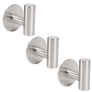 TocTen Bath Towel Hook, Strong Self Adhesive Robe Hook, SUS 304 Stainless Steel Stick on Wall Coat/Clothes Hook No Drilling, Shower Wall Hook for Bathroom Kitchen Office Closet(Brushed Nickel, 3 Pack)