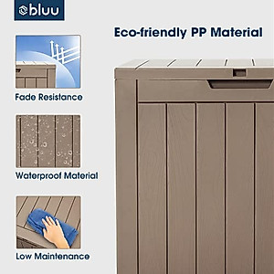 BLUU Deck Box 32 Gallon, Outdoor Storage Box for Patio Cushion, Pillows, Toys, Garden Tool and Hose Storage, Waterproof Material with Lockable Lid & Side Handles, Wood Grain Texture, Taupe
