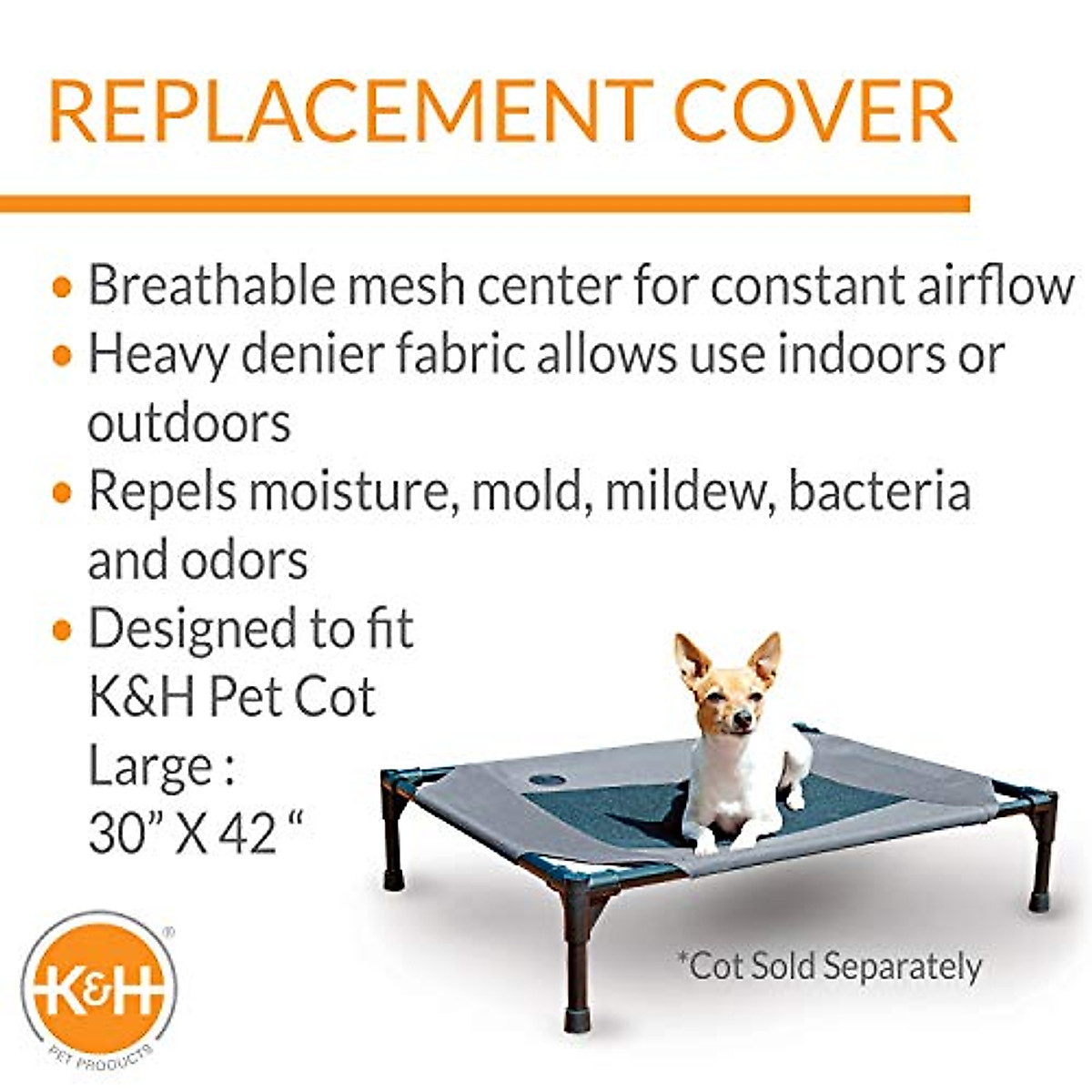 K&H Pet Products Original Pet Cot Replacement Cover (Cot Sold Separately) - Gray/Black Mesh, Large 30 X 42 Inches