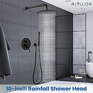 Airuida Shower Fixtures Matte Black 2 Functions 10 Inches Round Rainfall Shower Head and High Pressure Brass Shower Handheld Mixer Bathroom Wall Mount Shower System with Rough-in Valve