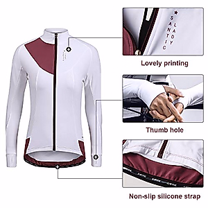 Santic Womens Cycling Jersey Long Sleeve Fleece Bicycle Jacket Full-Zip Riding Bike Shirt for Women with Pocket White XS