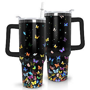 thmasamwr Butterfly Tumbler with Lid and Straw, Stainless Steel 40oz Tumbler with Handle, Butterfly Travel Coffee Mug Water Bottle, Butterfly Gifts Cups for Women and Girls
