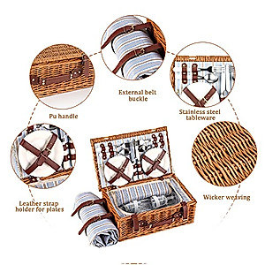 HYBDAMAI Willow Picnic Basket Set for 4 Persons with Waterproof Picnic Blanket, Wicker Picnic Basket for Camping, Outdoors, Valentine's Day, Christmas, Thanksgiving, Birthday