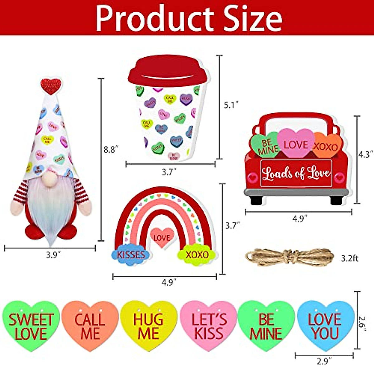 10 Pcs Valentine Tiered Tray Decor Set, Valentine Conversation Heart Decor Wooden Signs, Cute Valentine Gnome Plush, Mini Candy Heart Garland, Farmhouse Valentines Day Decor Be Mine Love XOXO Sign