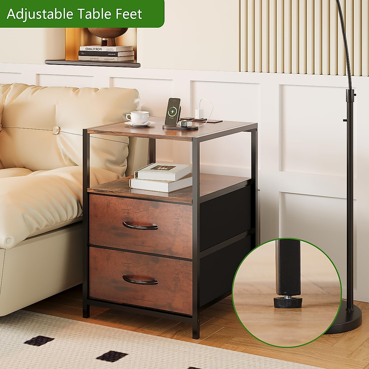 topfresh Brown Nightstand with Charging Station End Table Side Tables with USB Ports and Outlets Bedroom Nightstand with Fabric Drawers End Table with Open Shelf Modern Nightstand 1pcs