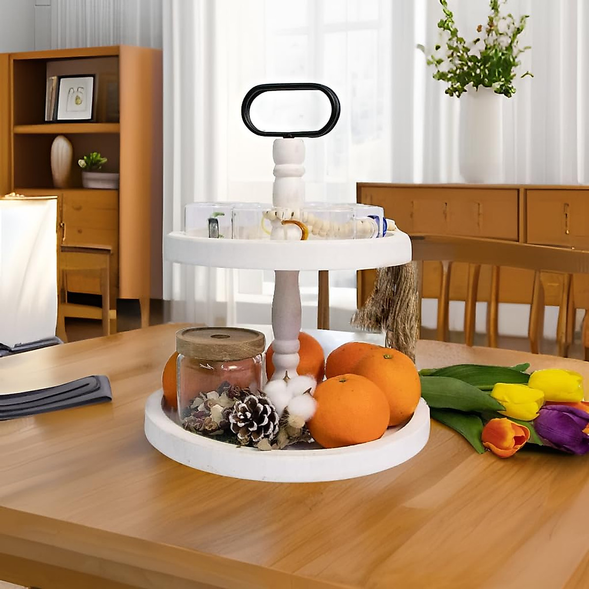 TNQNCFL Rustic 2 Tiered Tray Decor, Coffee Color, Wooden Material, Round Shape