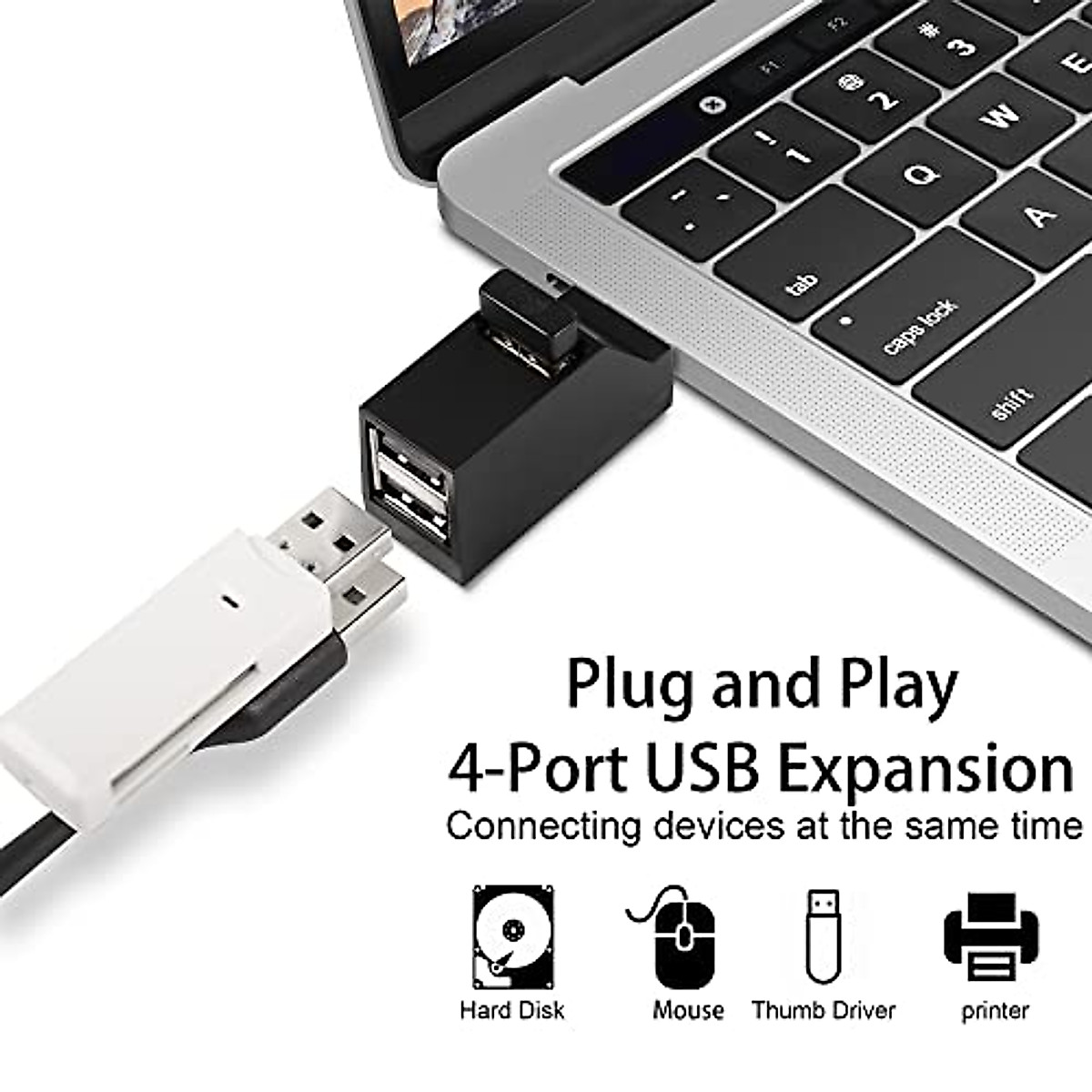 QIANRENON USB Hub 90 Degree Splitter 3 Port USB 3.0 Adapter Portable Powered Data USB Hub Transfer for PC Laptop USB Flash Drives，Black