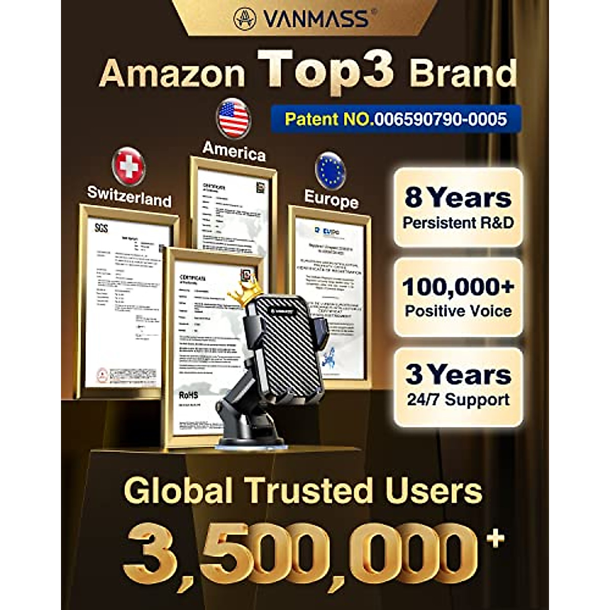 VANMASS Universal Car Phone Mount,【Patent & Safety Certs】 Upgraded Handsfree Stand, Phone Holder for Car Dashboard Windshield Vent, Compatible iPhone 13 12 11 Pro Max Xs XR X 8, Galaxy s20 Note 10 9