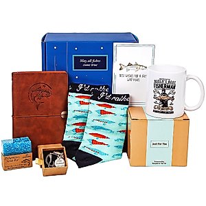 Fishing Gifts for Men Unique - Fathers Day Fishing Gifts for Dad - Best Gifts for A Fisherman Men Gift Box ; Fishing Log Book Fishing Mug Keychain Soap Socks