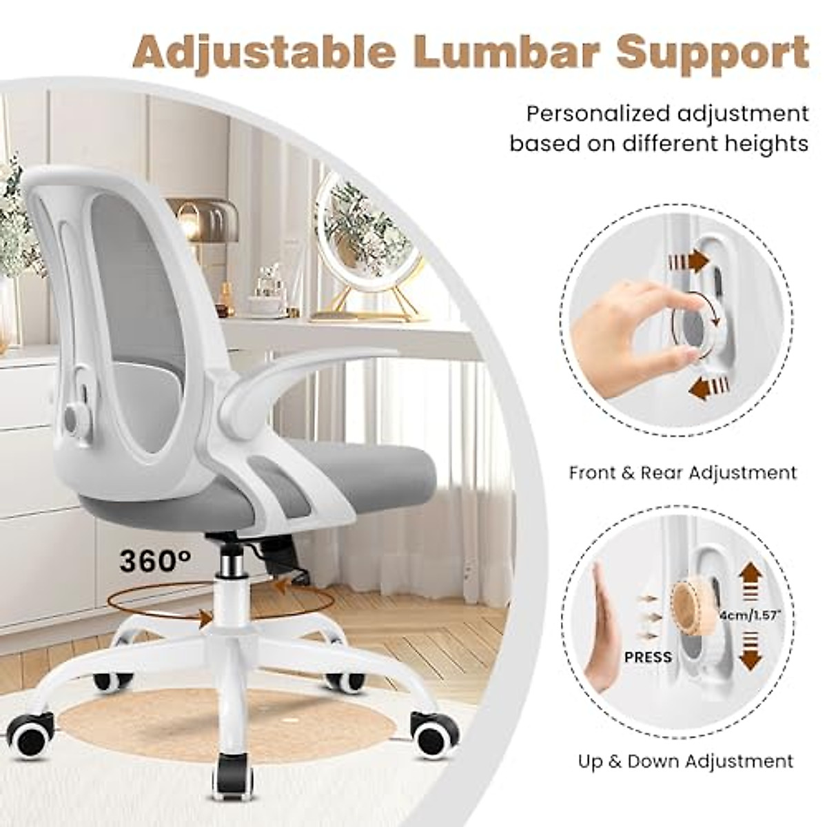 Razzor Office Chair, Ergonomic Computer Desk Chair with Lumbar Support, Breathable Mesh Rolling Swivel Task Chair with Flip-up Armrest and Adjustable Height for Home Office - LightGray
