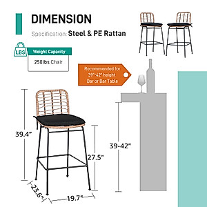 Patiorama Outdoor Bar Stools Set of 4, Patio Counter Height Stools & Bar Chairs w/Footrest, Hand-Woven Armless Beige Rattan Bar Set Patio Furniture for Garden,Pool, Indoor,Cafe,Kitchen(Black Cushion)